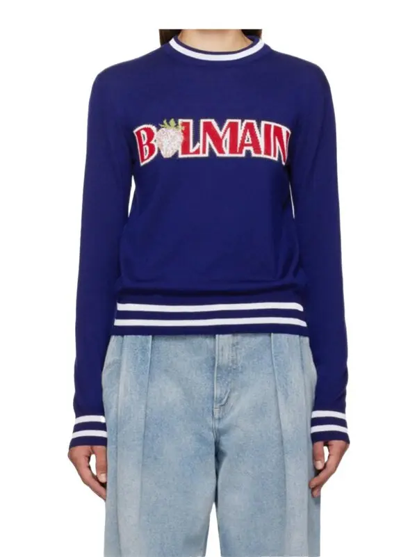 Balmain Striped Logo Pullover - Blue