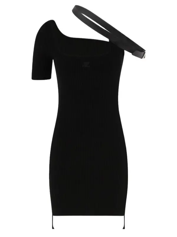 COURREGES Ribbed Asymmetric Strap Mini Dress - Black