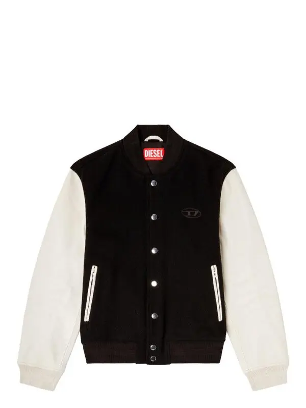 DIESEL® Color-block Wool Blend Bomber Jacket With Leather Sleeves - Black/white