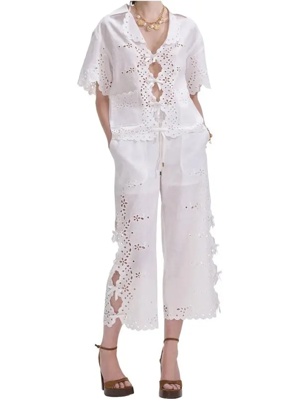 SELF-PORTRAIT Embroidered Shirt With Bow Detail - Cream
