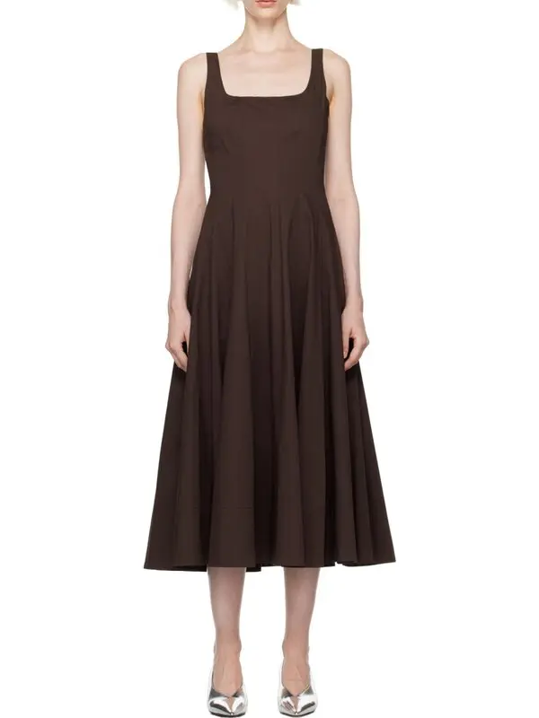 Staud Wells Dress With Square Neck And Flared Hem - Brown
