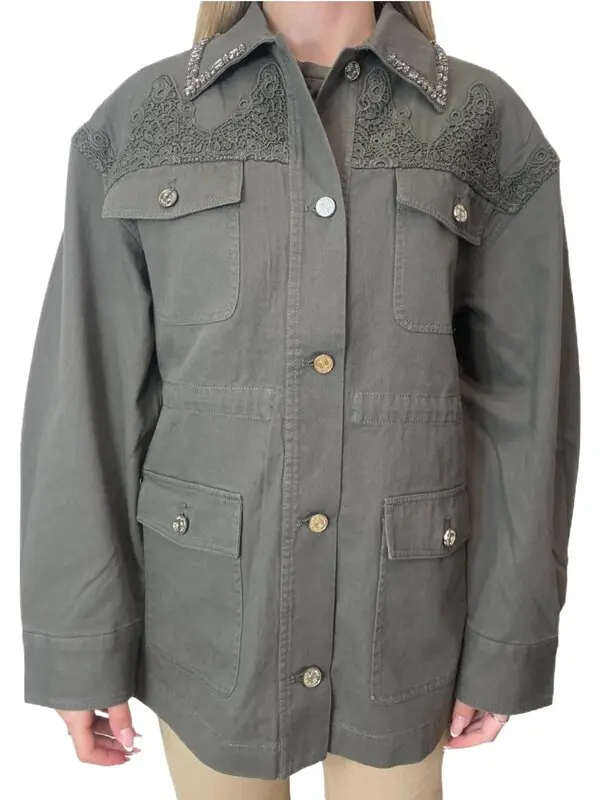 Liu Jo Embellished Collar Embroidered Coat - Dark Olive Green