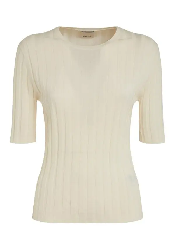 ALLUDE Round Neck Ribbed Knit Short Sleeve Cardigan - Nude