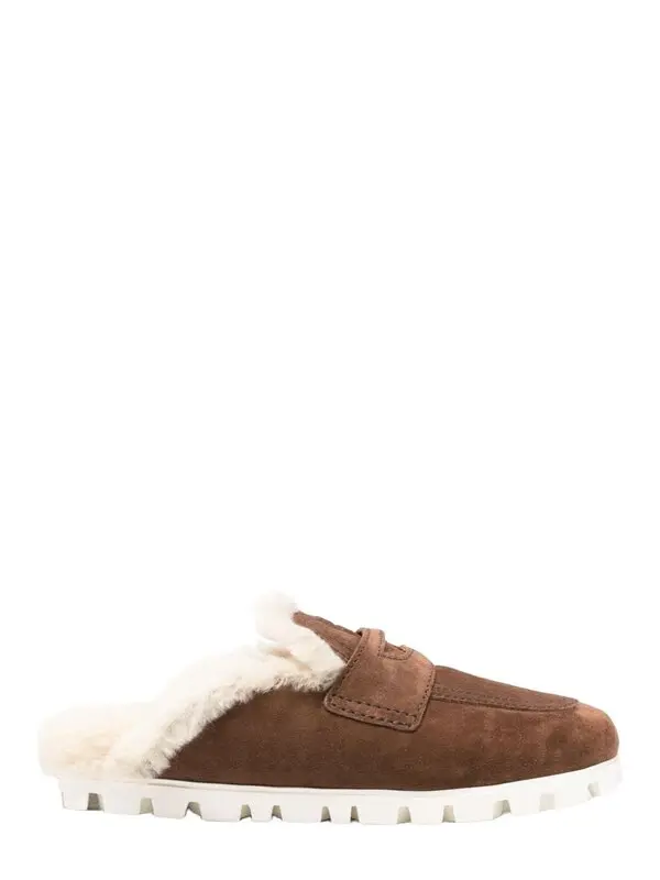 Miu Miu Logo Detailed Shearling Lined Slip-on Slippers - Cocoa Brown