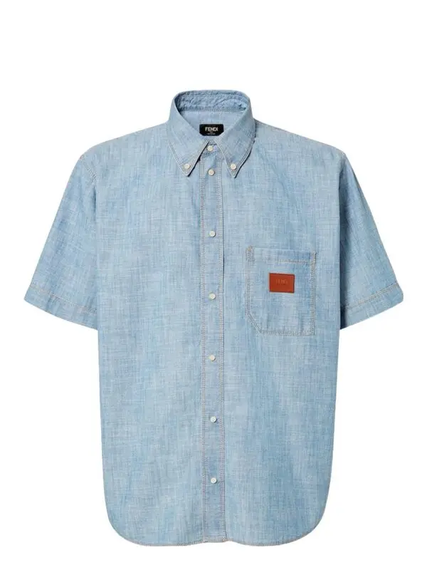 Fendi Logo Patch Short Sleeved Denim Shirt - Light Blue