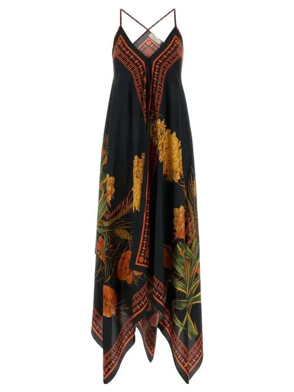 Blumarine Long Foulard Print Viscose Twill Dress - Black
