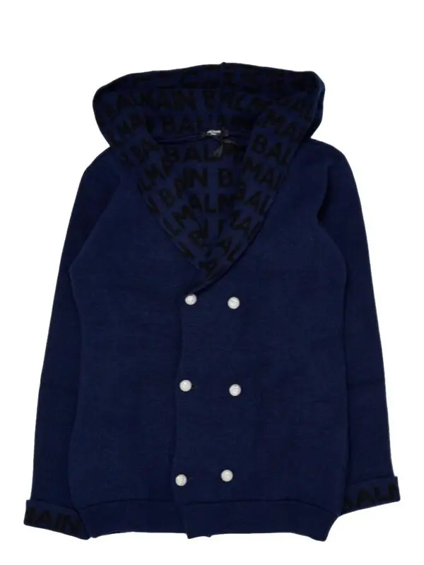 Balmain Double-breasted Hooded Jacket With Logo Detail - Blue