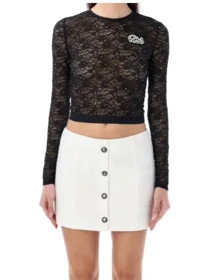 Alessandra Rich Long-sleeved Crewneck Lace T-shirt - Black