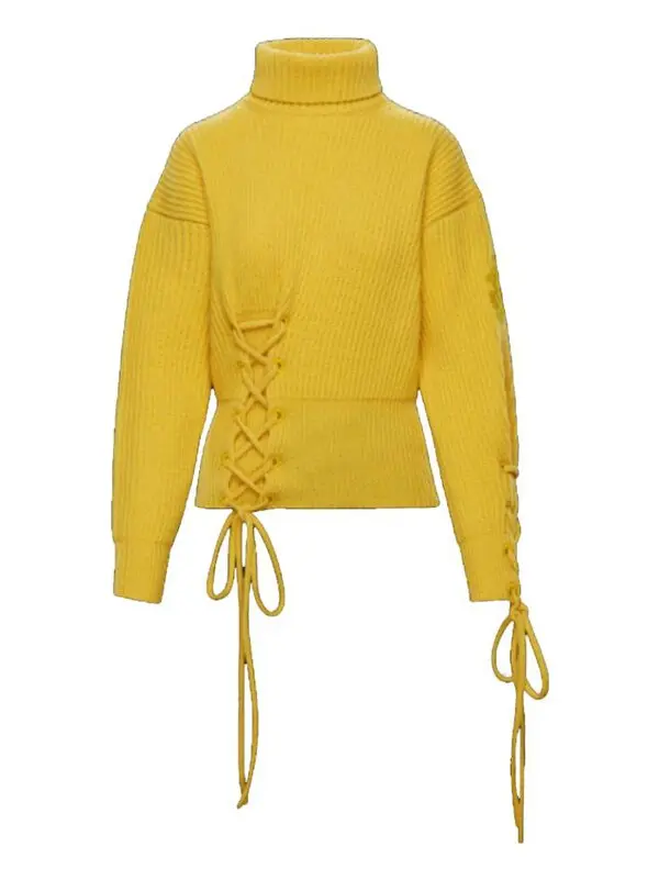 Moncler Ribbed Turtleneck Pullover With Lace-up Detail - Yellow