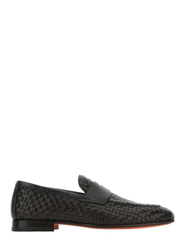 Santoni Almond Toe Woven Loafers - Black