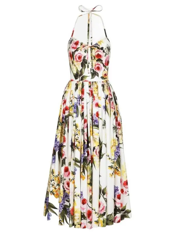 Dolce & Gabbana Floral Print Halter Neck Calf-length Dress - Multi-color