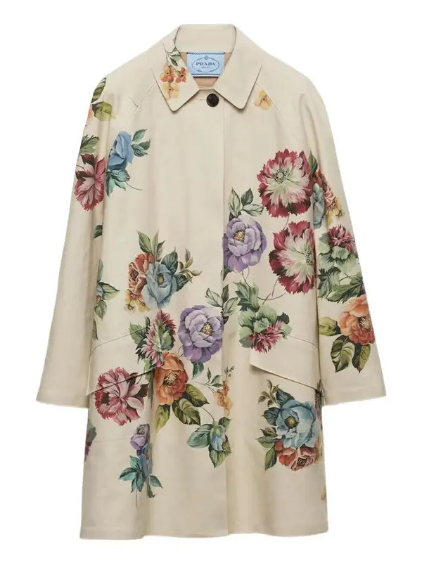 Prada Floral Printed Long Sleeve Coat - Sand Beige