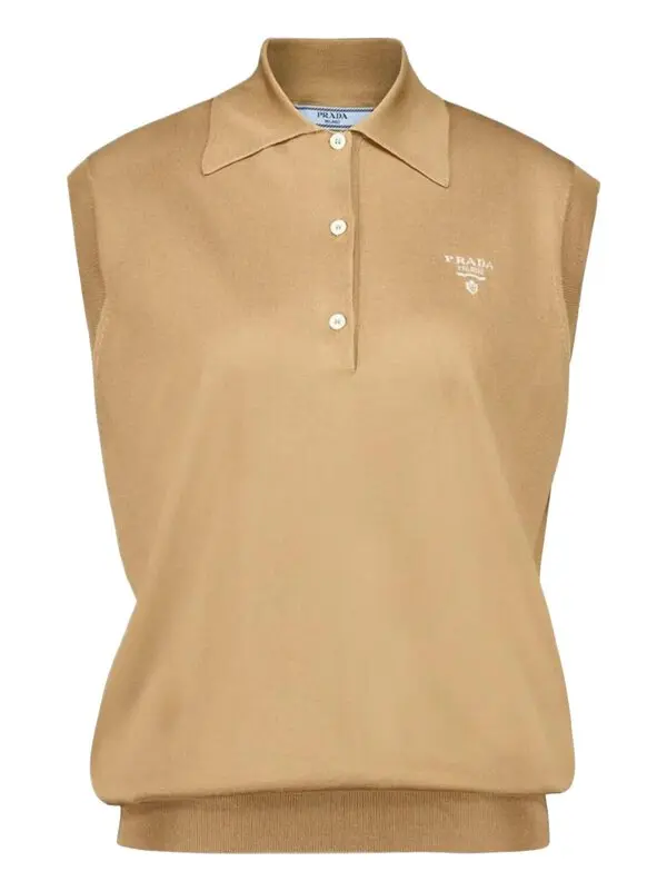 Prada Sleeveless Knitted Polo Shirt - Camel Brown