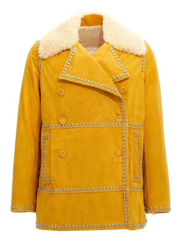 WALES BONNER Embellished Suede Jacket With Shearling Collar - Yellow