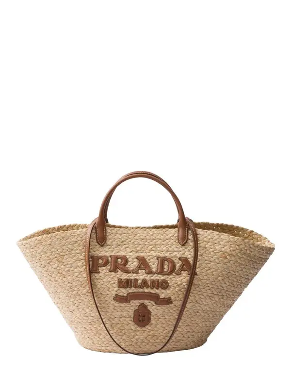 Prada Logo-appliqué Woven Straw Top Handle Bag - Beige/cognac