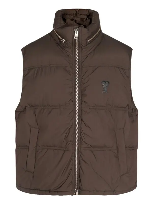 Ami Monogram Patch Puffer Gilet - Brown