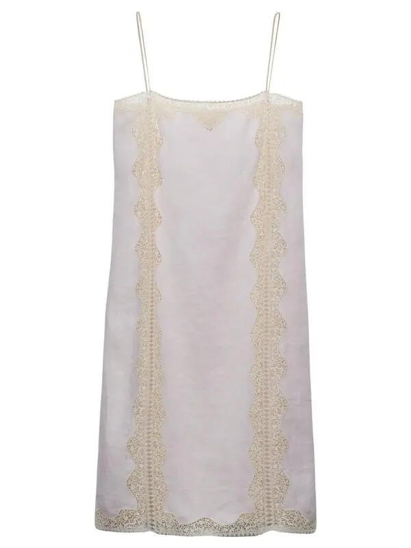 Prada Embroidered Lace-trimmed Linen Dress - Sand Beige