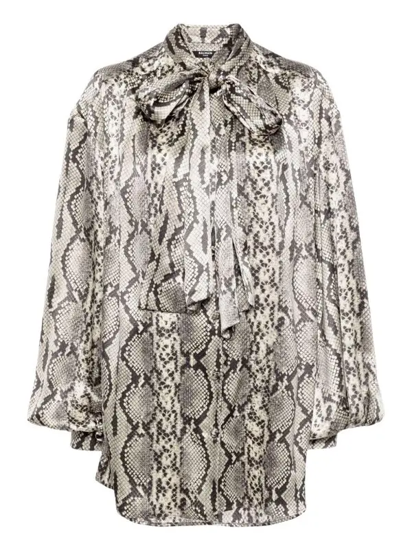 Balmain Snakeskin-print Silk Blouse - Gray