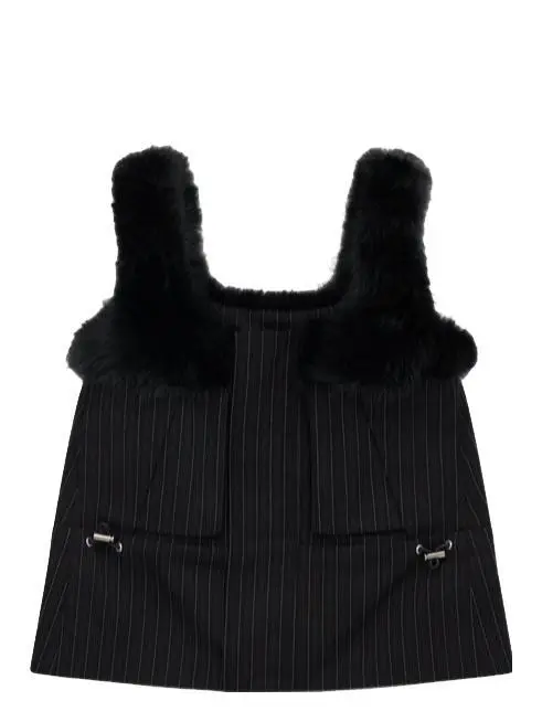 Sacai Striped Vest With Fur Accents - Black