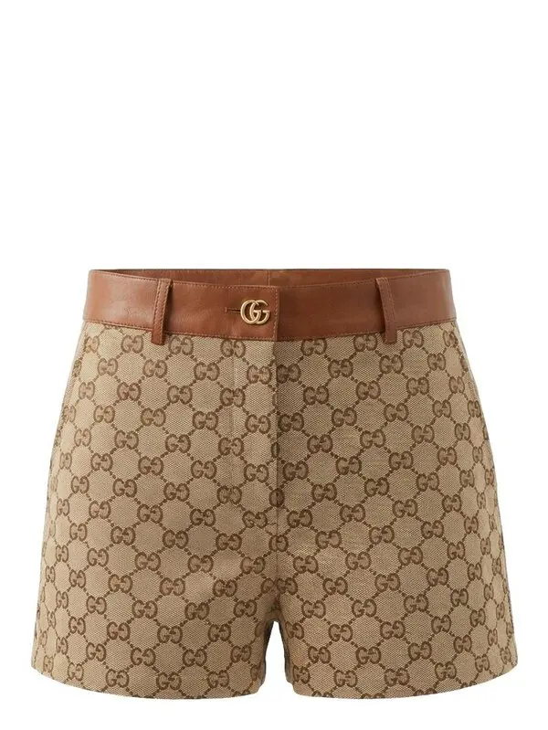 Gucci Gg Canvas Shorts With Leather Trim - Beige And Ebony