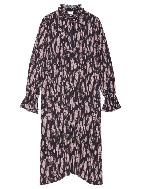 GANNI Floral Printed Pleated Georgette Midi Dress - Phantom