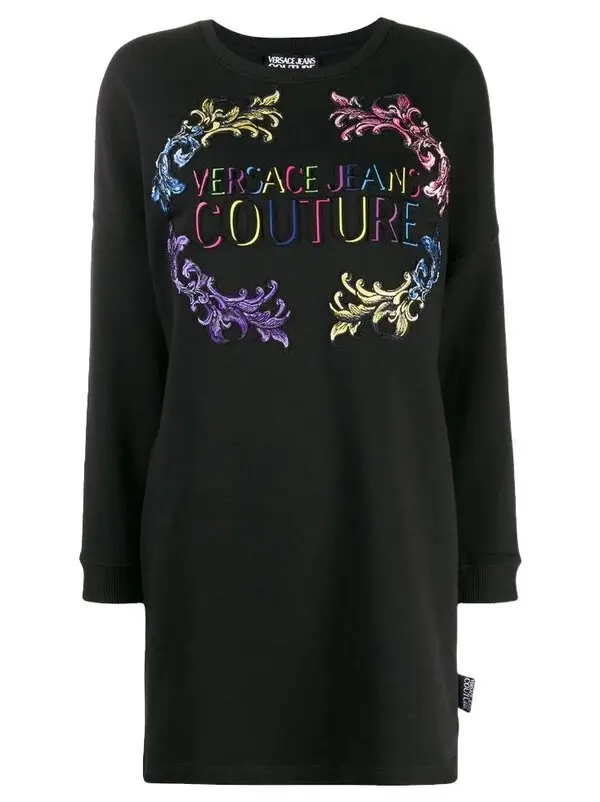 Versace Logo Embroidered Long Sleeve Dress - Black