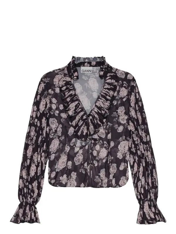 GANNI Floral Printed Pleated Georgette Blouse - Phantom