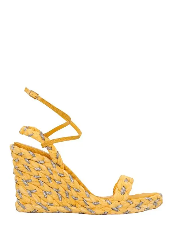 AQUAZZURA Woven Raffia Wedge Sandals With Crystal Embellishments - Yellow