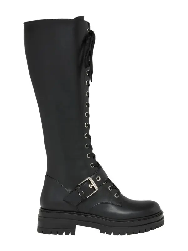 GIANVITO ROSSI Leather Knee High Lace Up Boots With Buckle Detail - Black