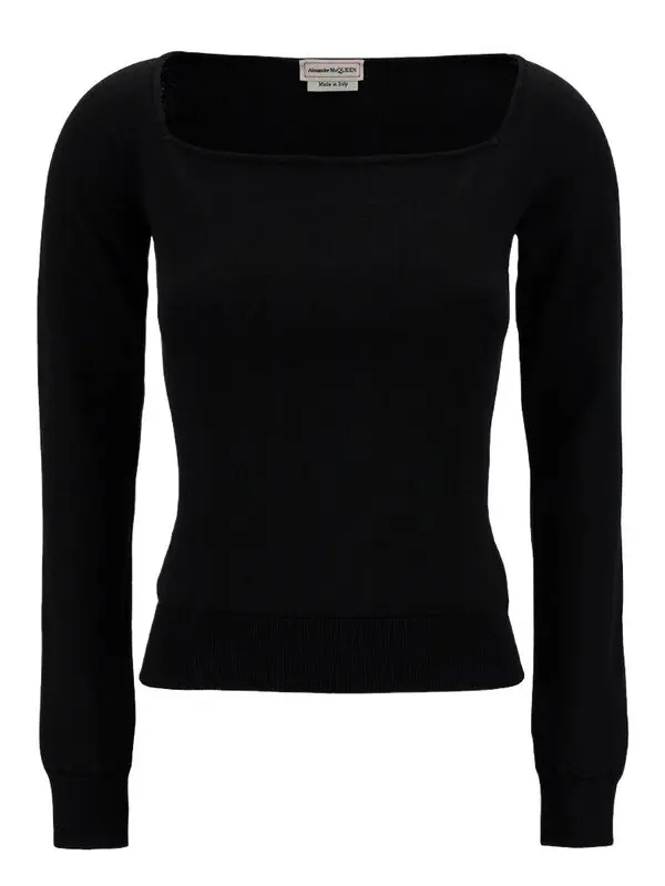 Alexander McQueen Long Sleeved Square Neck Knitted Top - Black