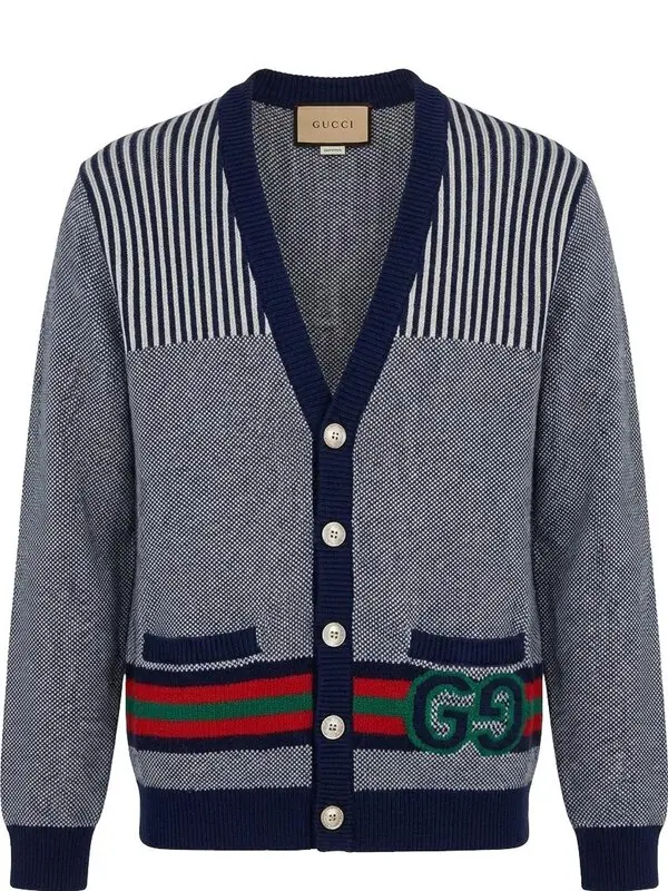 Gucci Logo Intarsia V-neck Cardigan - Gray
