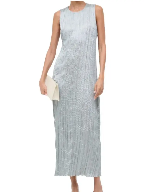 Staud Mizu Sage Plissé Midi Dress With Detachable Belt - Silver