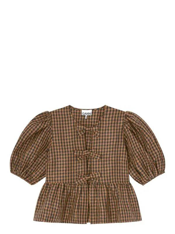 GANNI Crinkled Check Puff Sleeve Blouse - Brown