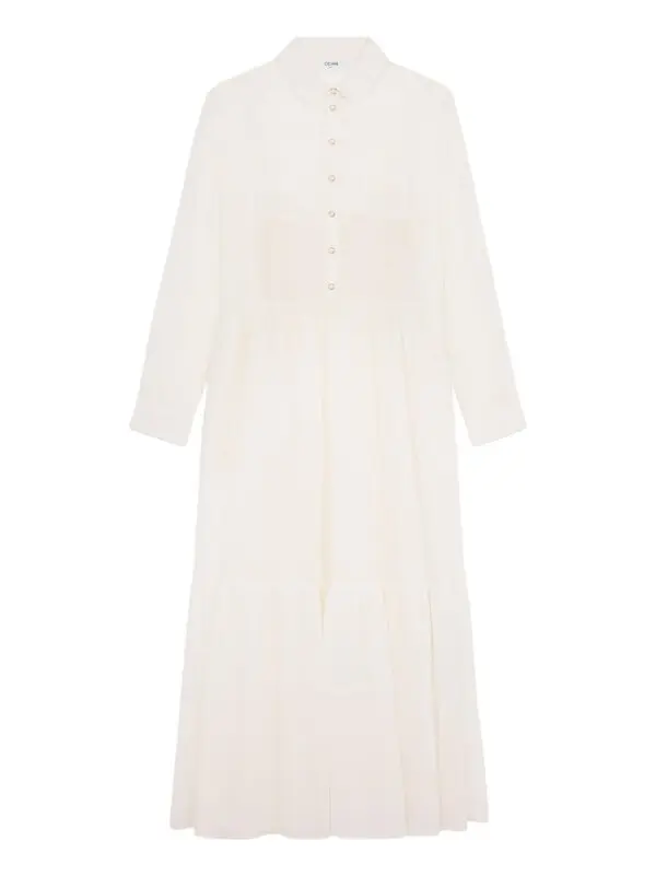 Celine Long Shirt Dress In Cotton Silk Crepon - White