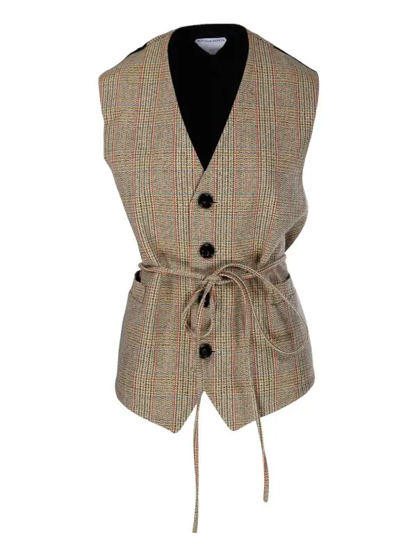 Bottega Veneta Prince Of Wales Checked Belted Gilet - Nude
