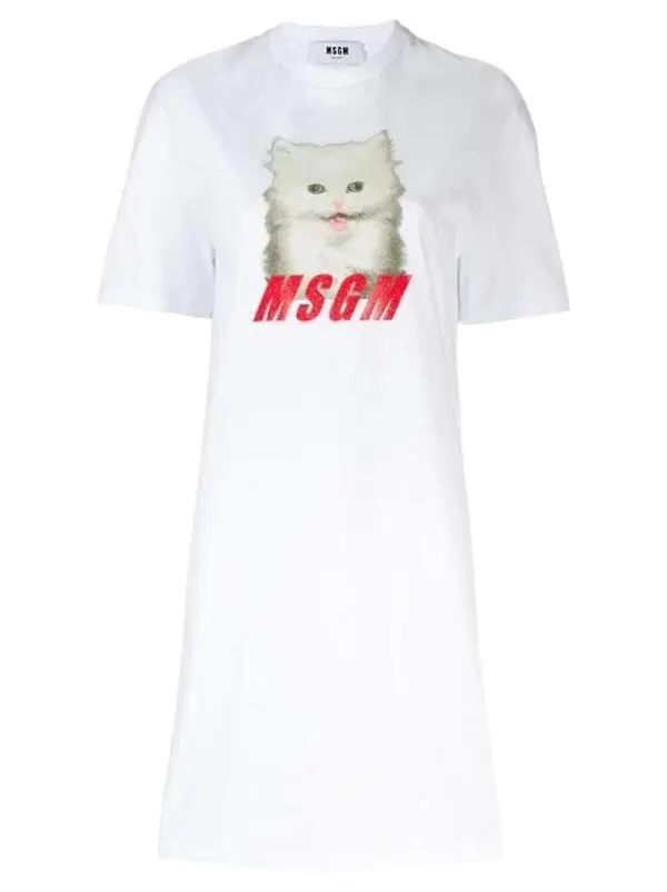 MSGM Short Sleeve Cat Graphic Dress - White