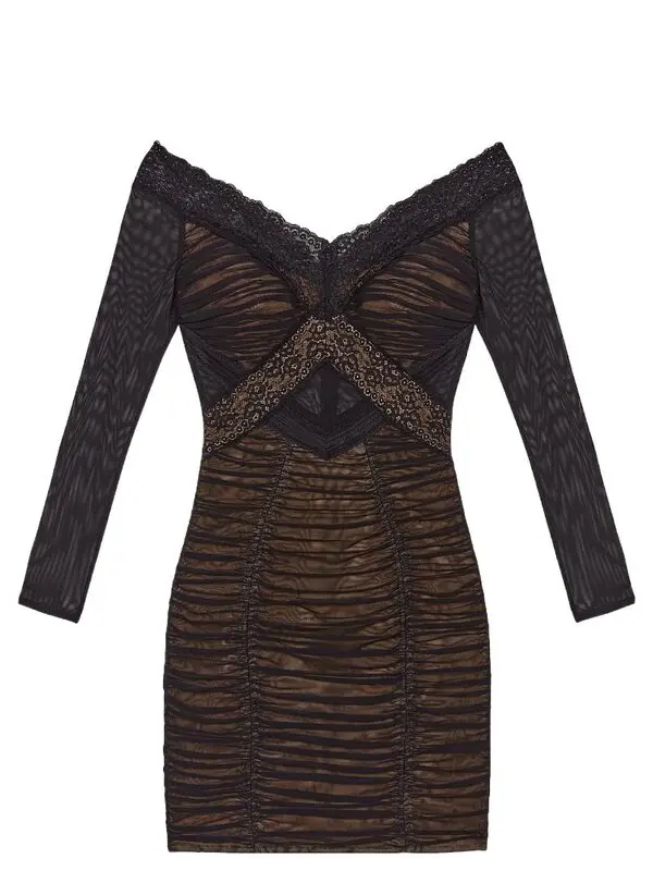 SELF-PORTRAIT Off-shoulder Lace Trim Mini Dress - Black