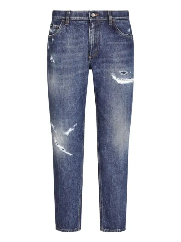 Dolce & Gabbana Logo Embroidered Distressed Jeans - Blue