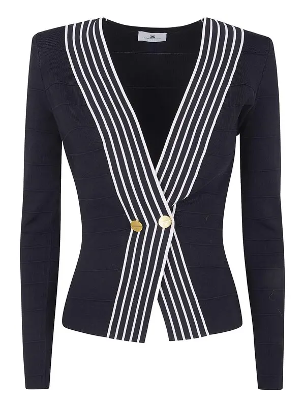Elisabetta Franchi V-neck Striped Cardigan With Golden Buttons - Black Butter