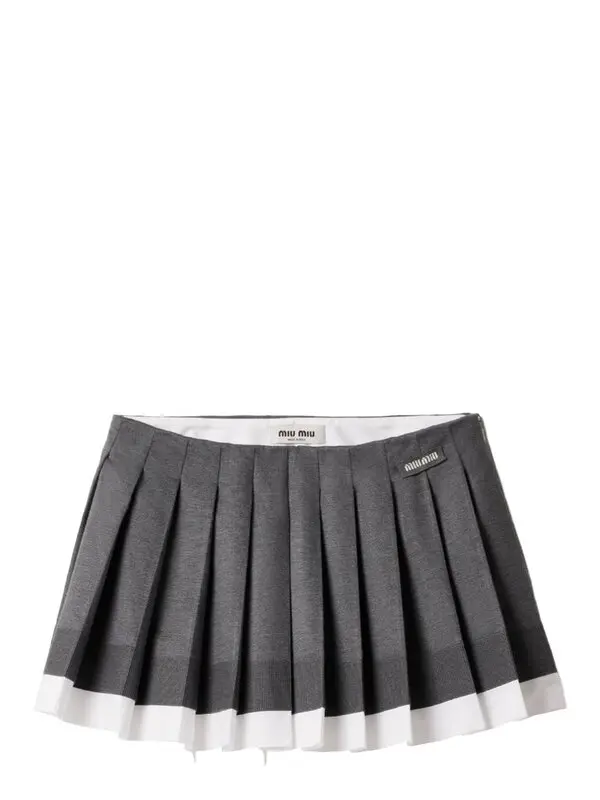 Miu Miu Pleated Knitted Mini Skirt With Logo Patch - Slate Gray/white