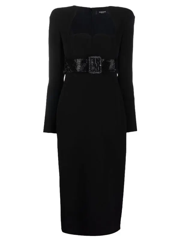 Versace Graphic Neckline Belted Midi Dress - Black