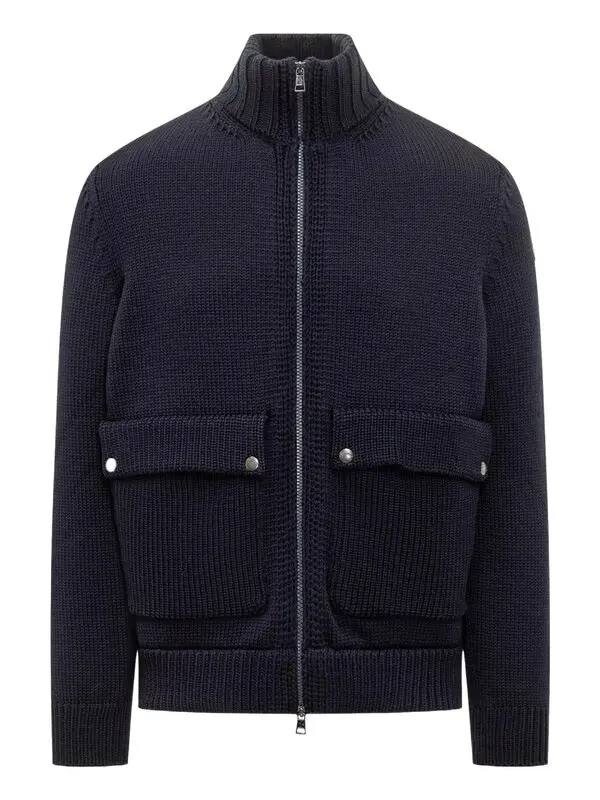 Moncler Zip-up Cardigan With Ribbed Trim And Pockets - Midnight Blue