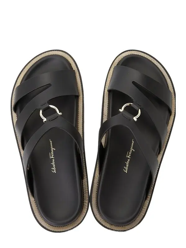 FERRAGAMO Leather Slip-on Sandals With Gold Tone Detail - Black