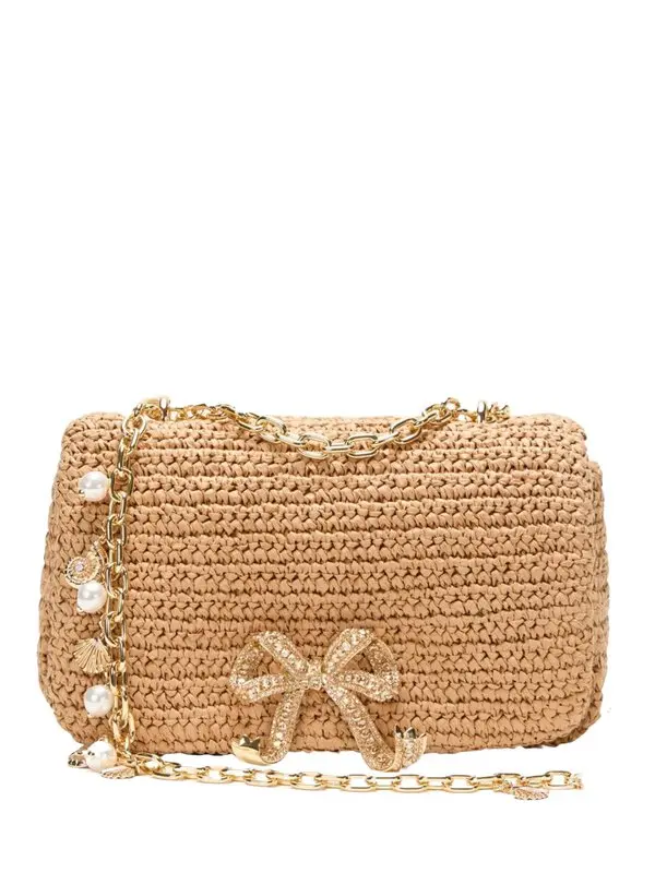 SELF-PORTRAIT Raffia Bow Detail Shoulder Bag - Nude