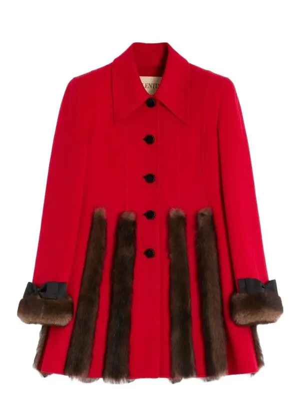 Valentino Garavani Long Sleeve Coat With Fur Trim - Red