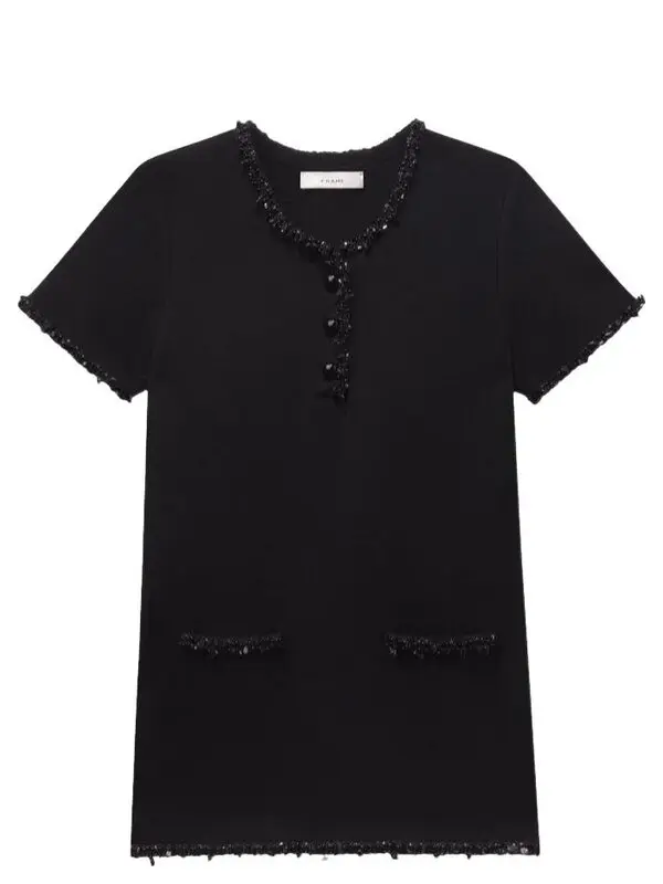 FRAME Beaded Trim Round Neck Short Sleeve Dress - Black