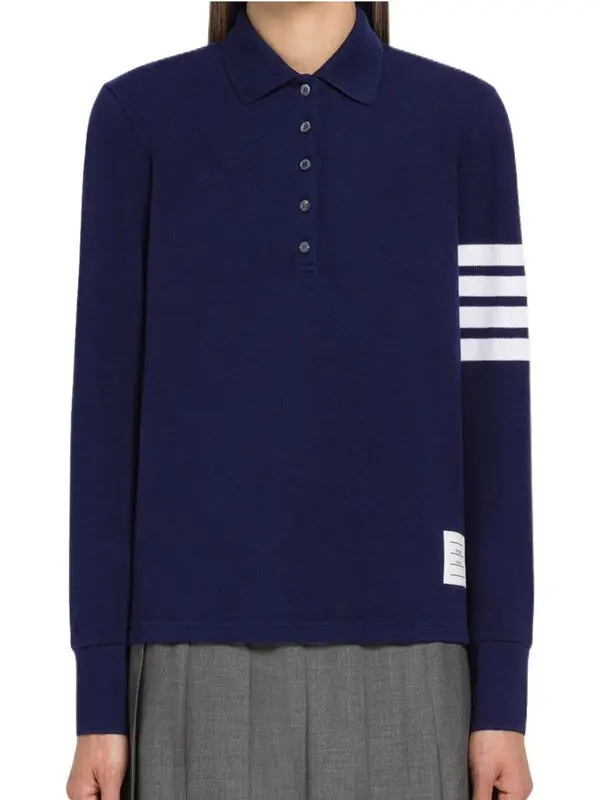 Thom Browne Long-sleeved Knitted Polo Shirt With Four Stripes - Navy Blue