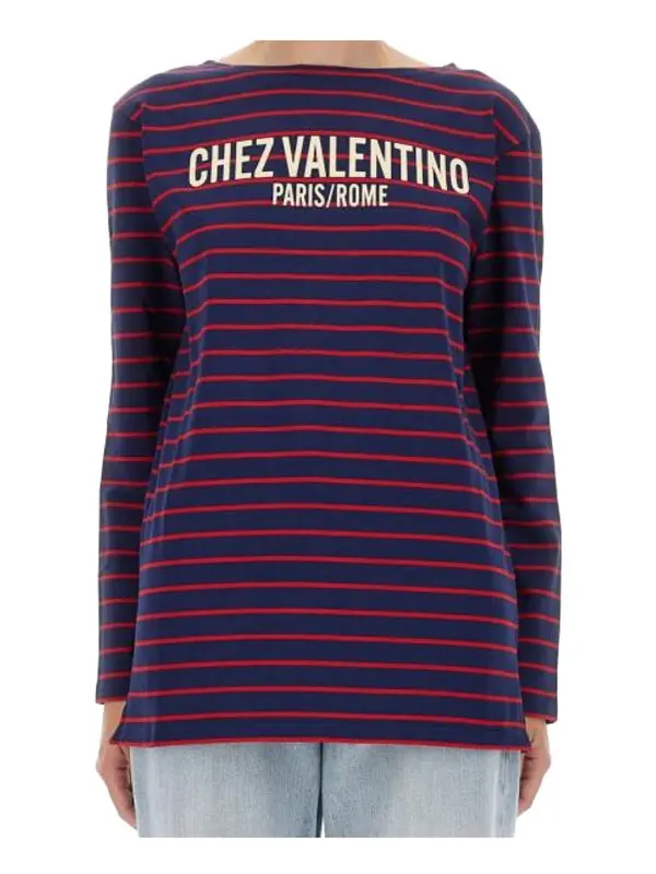Valentino Garavani Striped Logo Print Long Sleeve T-shirt - Blue
