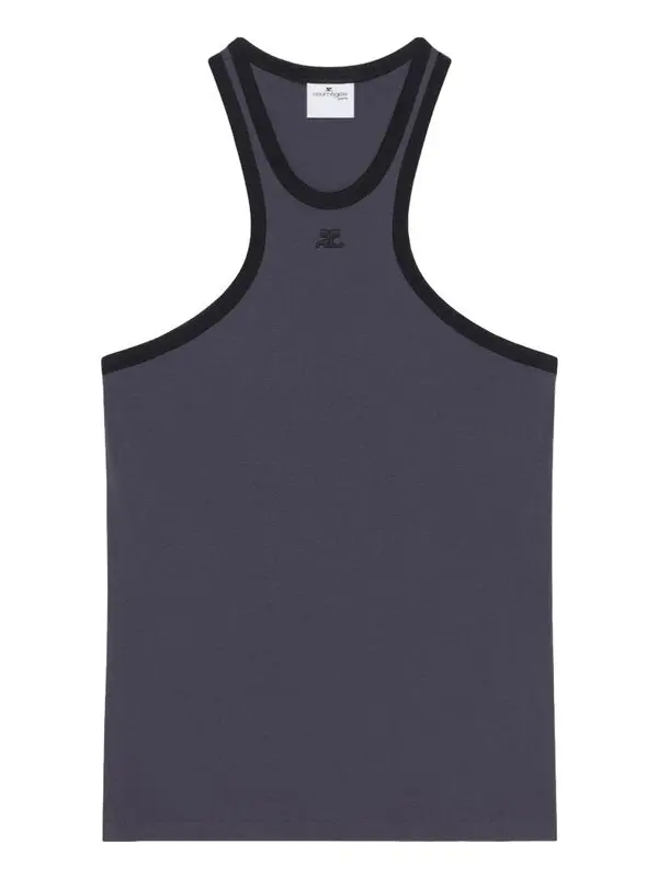 COURREGES Logo Embroidered Racerback Tank Top - Denim/black