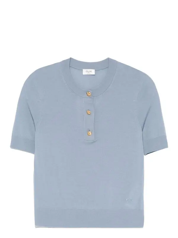 Celine Triomphe Embroidered Fine Wool Crew Neck Sweater - Light Blue